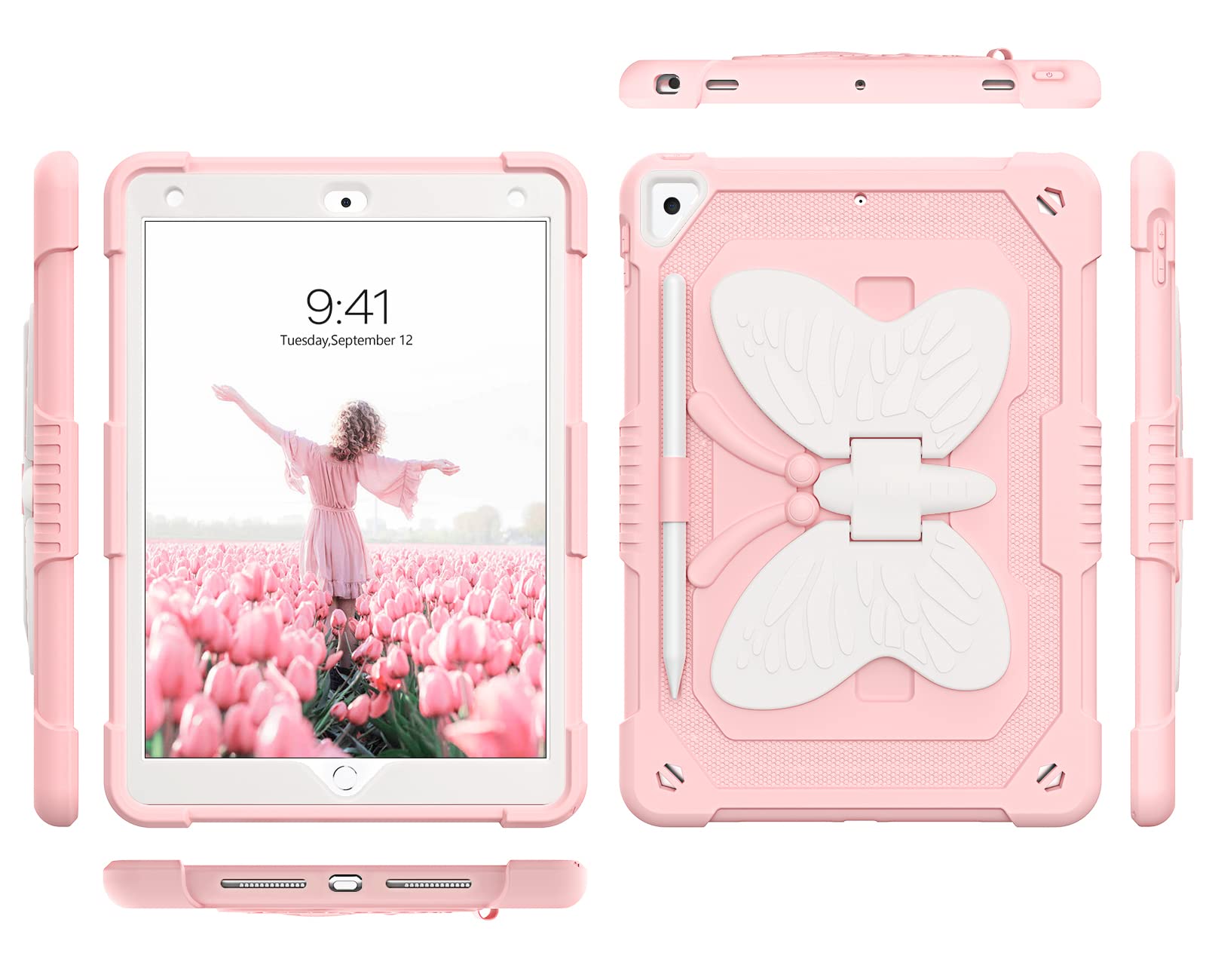 YINLAI for iPad 6th Generation Cases,iPad 9.7 Inch 6th/5th Generation 2018/2017/iPad Air 2nd Gen/iPad Pro 9.7 Case with Pencil Holder Butterfly Kickstand Girls Kids Shockproof Protective Cover,Pink