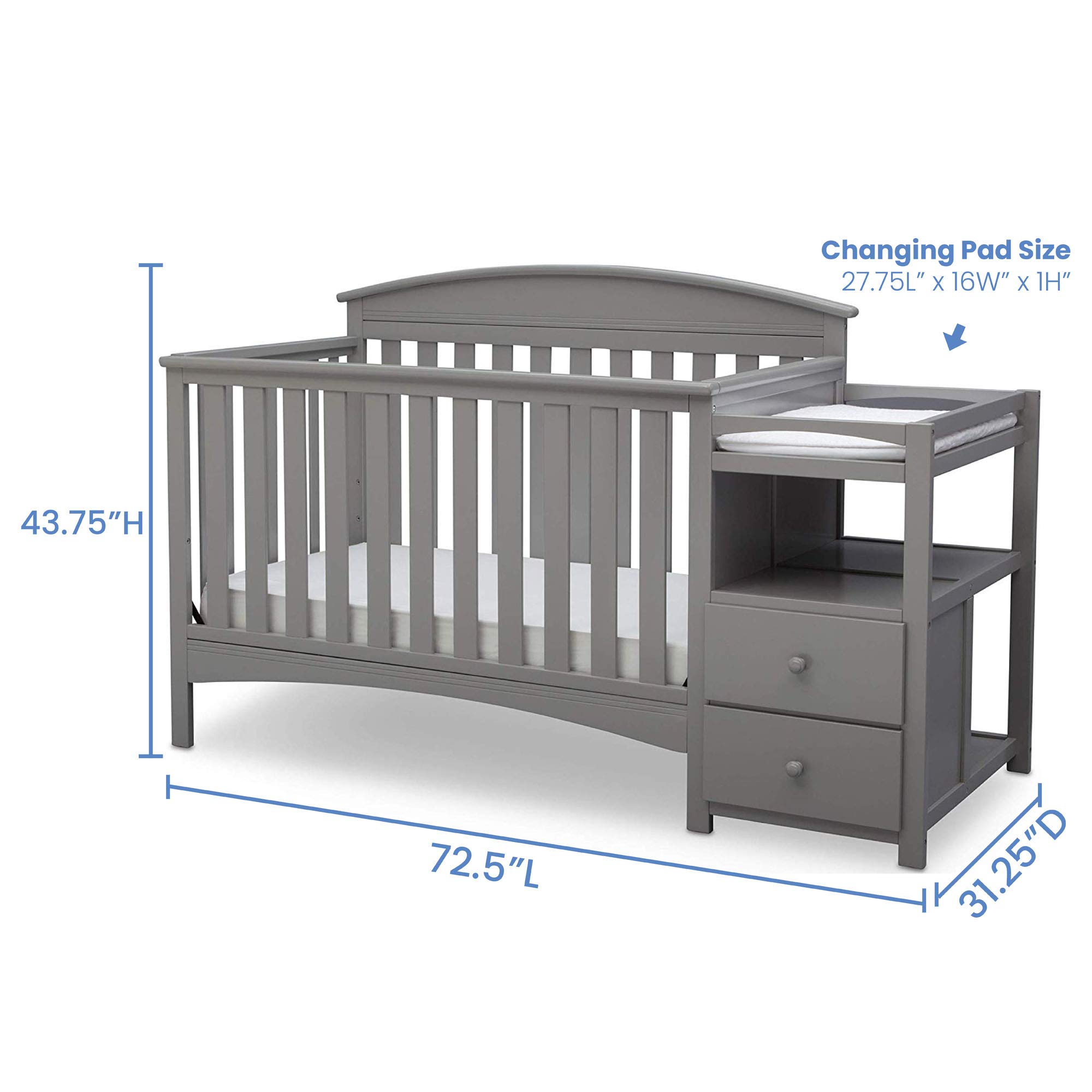 Delta Children Abby Convertible Crib 'N' Changer + Changing Pad and Cover [Bundle], Grey