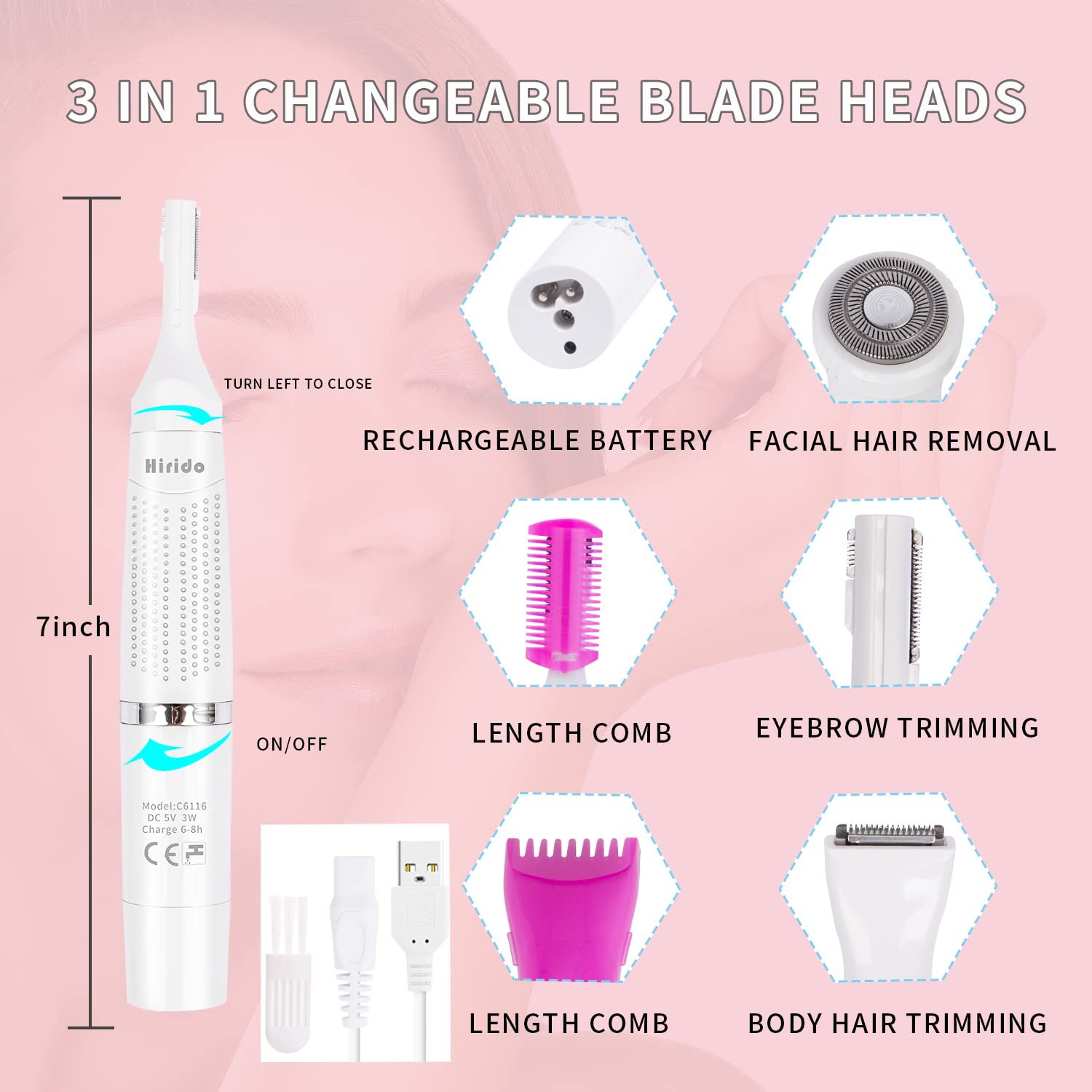 Electric Eyebrow Trimmer, Finishing Touch Flawless Facial Hair Remover Device for Women, 3 in 1 Rechargeable Body Hair Removal Kit, Painless and Flawless Facial Hair Groomer for Lady Face Body, White