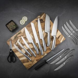 BILL.F Kitchen Knife Set,18 Pieces Stainless Steel Sharp Kitchen Knife Block Sets With Sharpener Includes Serrated Steak Knives Set,Chef Knives,Bread Knife, Scissor,Wooden Block,All in One Knife Set