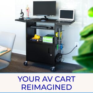 Line Leader Stellar AV Cart - Computer Cart with Customizable Pegboard & Hooks, Locking Cabinet and Tray, UL Certified Power, Mobile Workstation with Locking Wheels, Ideal for Laptop & Charger Storage