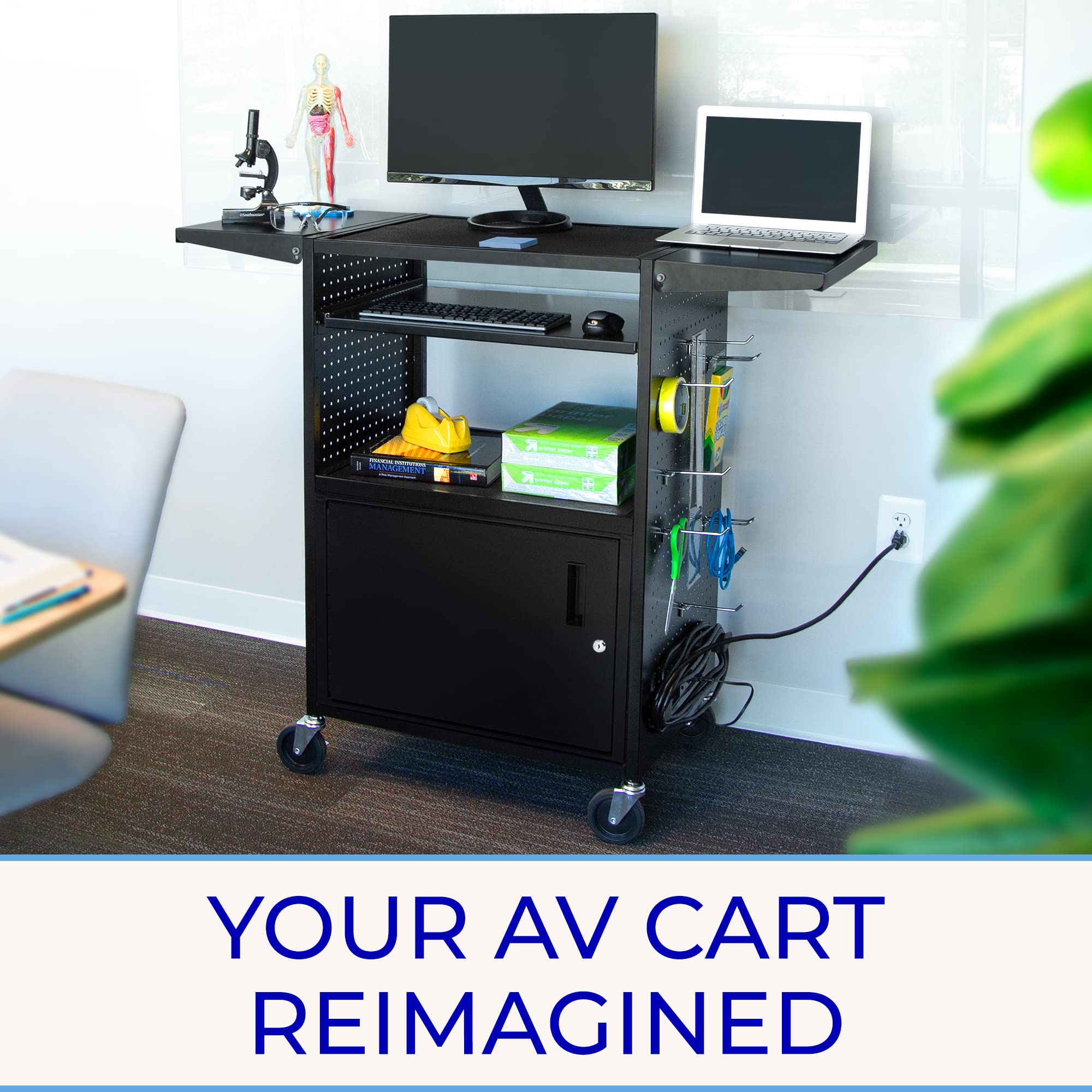 Line Leader Stellar AV Cart - Computer Cart with Customizable Pegboard & Hooks, Locking Cabinet and Tray, UL Certified Power, Mobile Workstation with Locking Wheels, Ideal for Laptop & Charger Storage