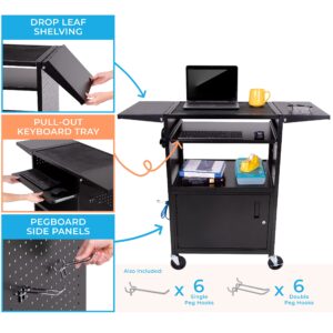 Line Leader Stellar AV Cart - Computer Cart with Customizable Pegboard & Hooks, Locking Cabinet and Tray, UL Certified Power, Mobile Workstation with Locking Wheels, Ideal for Laptop & Charger Storage