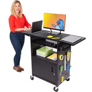 line leader stellar av cart - computer cart with customizable pegboard & hooks, locking cabinet and tray, ul certified power, mobile workstation with locking wheels, ideal for laptop & charger storage