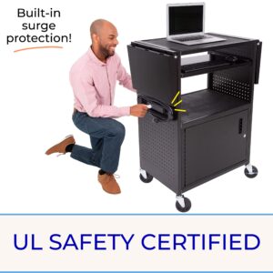 Line Leader Stellar AV Cart - Computer Cart with Customizable Pegboard & Hooks, Locking Cabinet and Tray, UL Certified Power, Mobile Workstation with Locking Wheels, Ideal for Laptop & Charger Storage