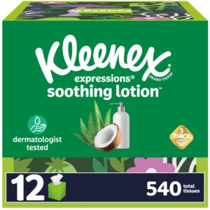 kleenex expressions soothing lotion facial tissues with coconut oil, 12 cube boxes, 45 tissues per box, 3-ply, packaging may vary