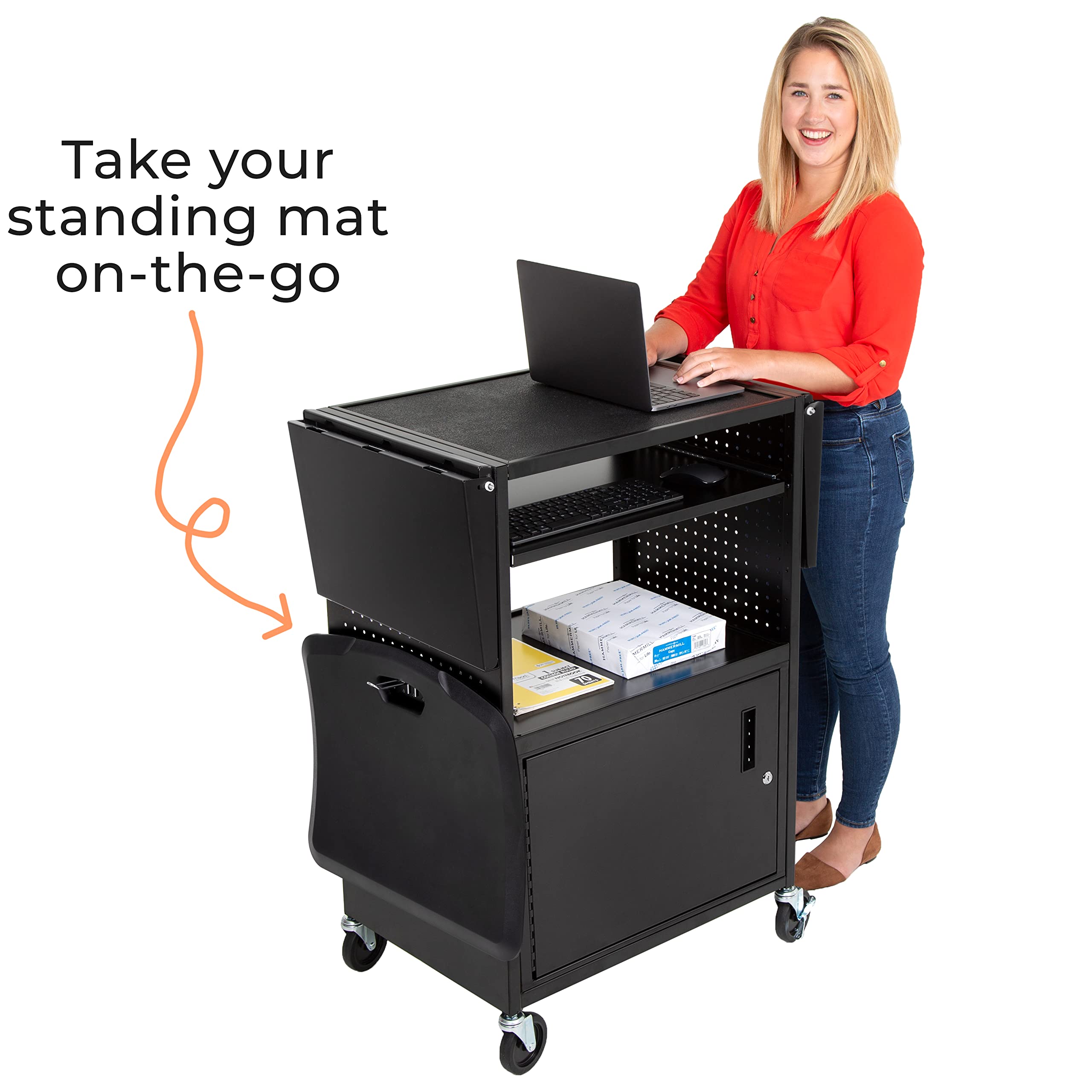 Line Leader Stellar AV Cart - Computer Cart with Customizable Pegboard & Hooks, Locking Cabinet and Tray, UL Certified Power, Mobile Workstation with Locking Wheels, Ideal for Laptop & Charger Storage