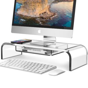 desklogics computer acrylic monitor stand riser with storage - larger size single clear pc desktop monitor holder for desk, keyboard storage, laptop, tv screen, home, office, gift ideas