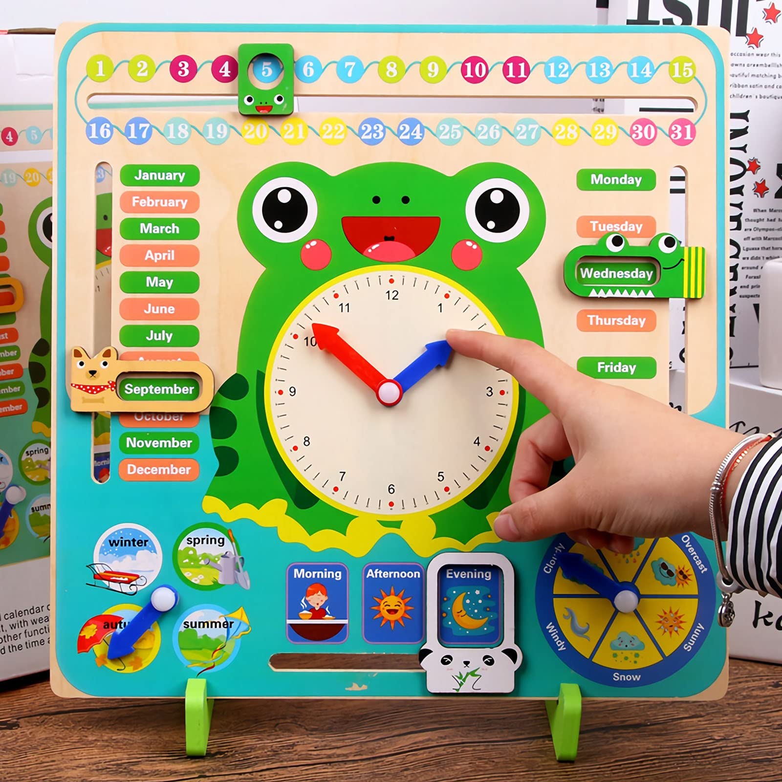 Ghims Montessori Educational Learning Toys, Kids Calendar, Toddler Calendar Learning for Home, Multifunctional Wooden Frog Teaching Clock, Weather, Season, Time, Week Toys for Kids 3+