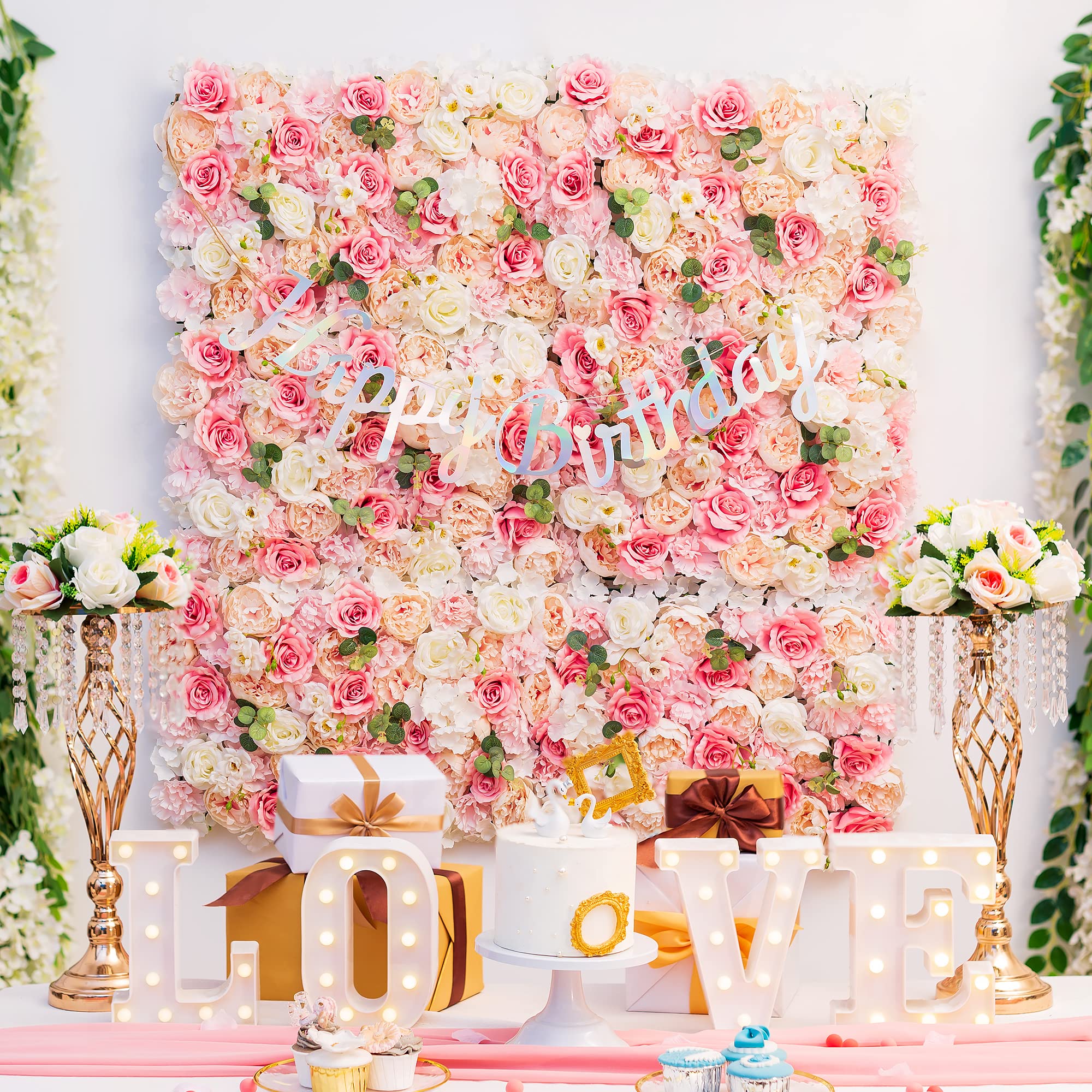 Flower Wall Panel Floral Backdrop - 6 Pcs Pink Flower Wall Decor, 24" X 16" Silk Rose Wall, Artificial Flower Wall Backdrop Faux Flower Panel for Wedding, Party, Nursery, Baby Girl Room, Home Decor