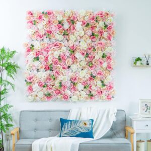 Flower Wall Panel Floral Backdrop - 6 Pcs Pink Flower Wall Decor, 24" X 16" Silk Rose Wall, Artificial Flower Wall Backdrop Faux Flower Panel for Wedding, Party, Nursery, Baby Girl Room, Home Decor