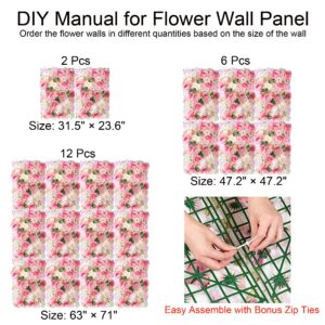 Flower Wall Panel Floral Backdrop - 6 Pcs Pink Flower Wall Decor, 24" X 16" Silk Rose Wall, Artificial Flower Wall Backdrop Faux Flower Panel for Wedding, Party, Nursery, Baby Girl Room, Home Decor