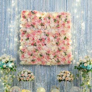 Flower Wall Panel Floral Backdrop - 6 Pcs Pink Flower Wall Decor, 24" X 16" Silk Rose Wall, Artificial Flower Wall Backdrop Faux Flower Panel for Wedding, Party, Nursery, Baby Girl Room, Home Decor