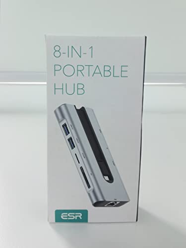 ESR 8-in-1 Portable Hub, USB-C Hub with Gigabit Ethernet, 4K@30Hz HDMI, 100W PD, 2 USB 3.0 Ports, 1 USB 2.0 Port, SD Card Reader, Compatible with iPad 10/Pro 11/12.9, MacBook Pro, and USB-C Devices