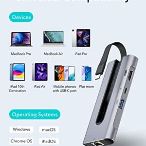 ESR 8-in-1 Portable Hub, USB-C Hub with Gigabit Ethernet, 4K@30Hz HDMI, 100W PD, 2 USB 3.0 Ports, 1 USB 2.0 Port, SD Card Reader, Compatible with iPad 10/Pro 11/12.9, MacBook Pro, and USB-C Devices