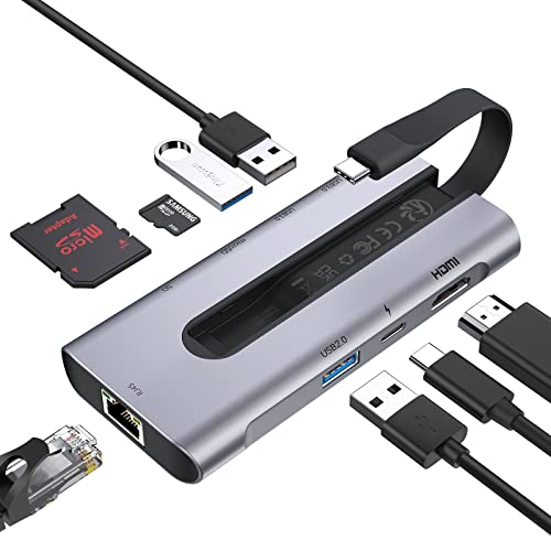 ESR 8-in-1 Portable Hub, USB-C Hub with Gigabit Ethernet, 4K@30Hz HDMI, 100W PD, 2 USB 3.0 Ports, 1 USB 2.0 Port, SD Card Reader, Compatible with iPad 10/Pro 11/12.9, MacBook Pro, and USB-C Devices