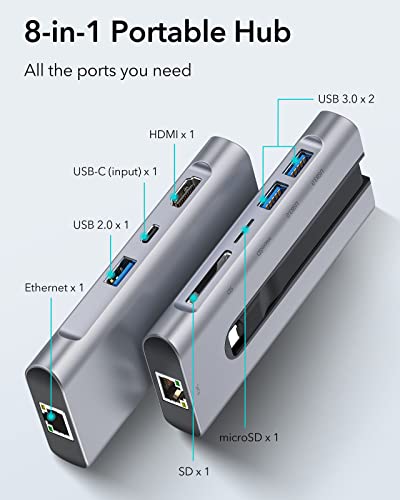 ESR 8-in-1 Portable Hub, USB-C Hub with Gigabit Ethernet, 4K@30Hz HDMI, 100W PD, 2 USB 3.0 Ports, 1 USB 2.0 Port, SD Card Reader, Compatible with iPad 10/Pro 11/12.9, MacBook Pro, and USB-C Devices