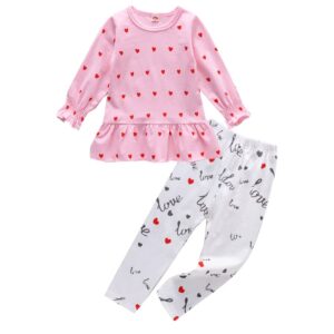 sofeon valentine's day outfit toddler baby girl long sleeve tunic dress top heart print pants headband clothes set (pink-2, 12-18months)