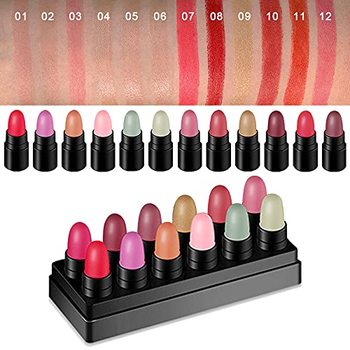 evpct 12Pcs Capsule Pills Lipstick Mini Lip Stick Set Packs for Women,3 Changing Color Jelly Magic Lipstick,3 Strawberry Mint Apple Flavor Lip Balm,3 Matte Lipstick,3 Metallic Lipstick