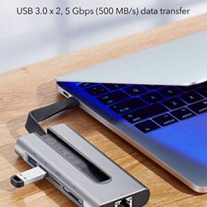 ESR 8-in-1 Portable Hub, USB-C Hub with Gigabit Ethernet, 4K@30Hz HDMI, 100W PD, 2 USB 3.0 Ports, 1 USB 2.0 Port, SD Card Reader, Compatible with iPad 10/Pro 11/12.9, MacBook Pro, and USB-C Devices