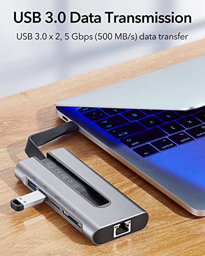 ESR 8-in-1 Portable Hub, USB-C Hub with Gigabit Ethernet, 4K@30Hz HDMI, 100W PD, 2 USB 3.0 Ports, 1 USB 2.0 Port, SD Card Reader, Compatible with iPad 10/Pro 11/12.9, MacBook Pro, and USB-C Devices