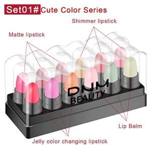 evpct 12Pcs Capsule Pills Lipstick Mini Lip Stick Set Packs for Women,3 Changing Color Jelly Magic Lipstick,3 Strawberry Mint Apple Flavor Lip Balm,3 Matte Lipstick,3 Metallic Lipstick