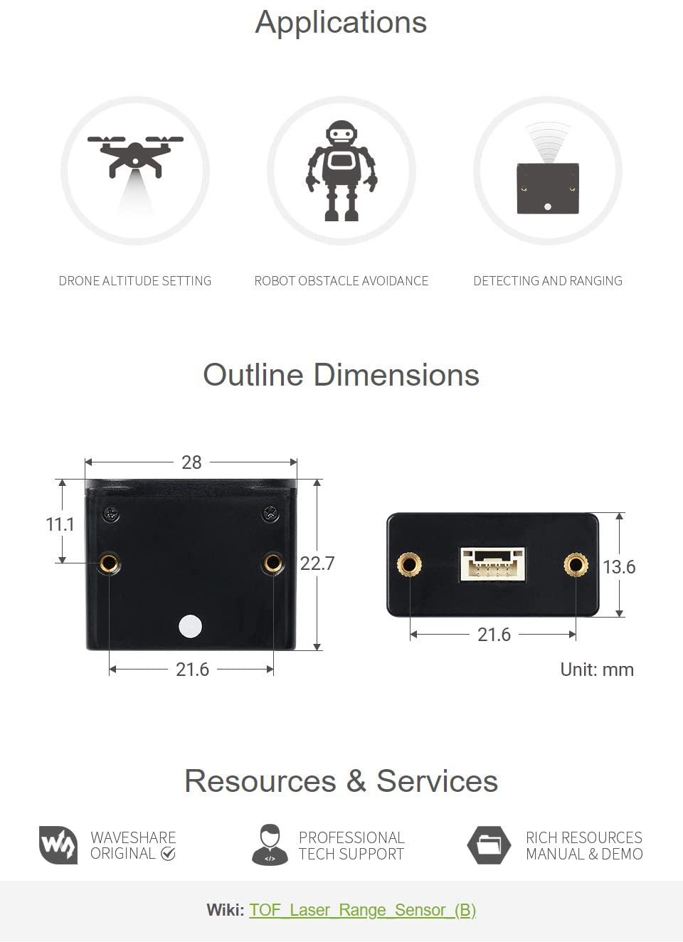 Waveshare TOF (Time of Flight) Laser Range Sensor (B) UART / I2C Bus Long Range Short Blind Zone