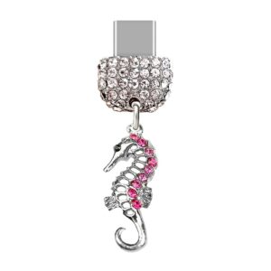 elise & fonda tp85 type-c charging port crystal anti dust plug seahorse cell phone charm for samsung galaxy/huawei/oneplus/xiaomi/oppo android phone iphone 15/16 (pink)