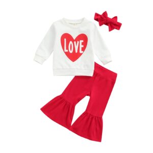 toddler baby girl valentine's day clothes outfit set 3pcs long sleeve love heart pullover tops flare pants headband (love heart print,3-4 years)