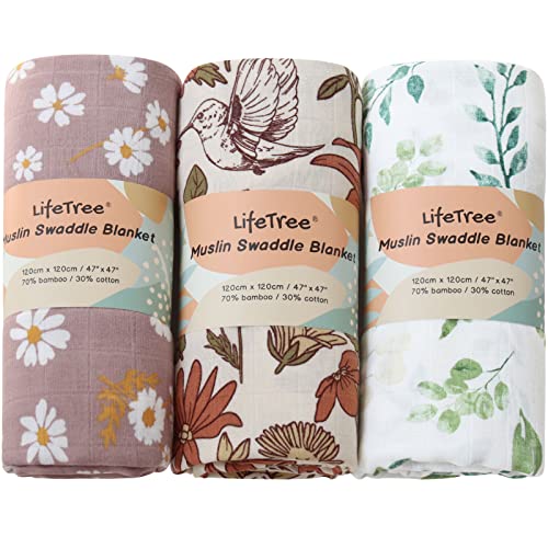 LifeTree Baby Swaddle Blankets, 3 Pack Muslin Swaddle Blankets Unisex Newborn Receiving Blanket for Boys & Girls, 70% Viscose from Bamboo & 30% Cotton, Soft, Breathable, Large 47 x 47 inches