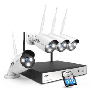 5mp wireless security camera system no hard drive, 8 channel surveillance nvr kits and 4pcs super hd 5mp outdoor indoor wifi bullet camera for home full color night vision (3mp)