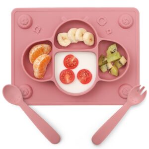 rocced suction plates for baby placemat spoon fork set for toddlers, silicone baby plates with suction baby dishes for kids plates-pale mauve