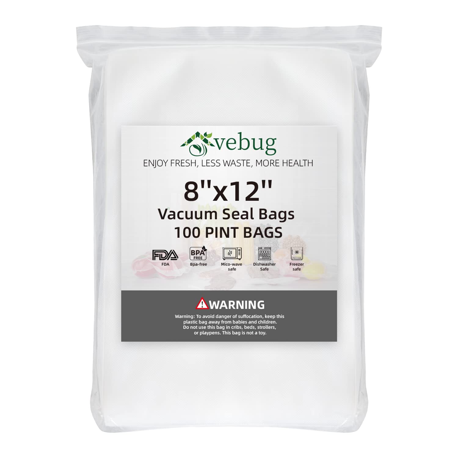 VEBUG Vacuum Sealer Bags Quart Size 100 Pack 8" x 12" Seal a Meal BPA Free Heavy Duty Commercial Grade Great for vac storage Meal Prep or Sous Vide