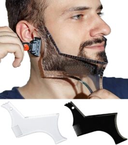 beard shaper & styling tool with inbuilt comb, hair trimmer guide, mens beard template tool (2 pack, black & clear)