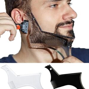 Beard Shaper & Styling Tool with inbuilt Comb, Hair Trimmer Guide, Mens Beard Template Tool (2 Pack, Black & Clear)