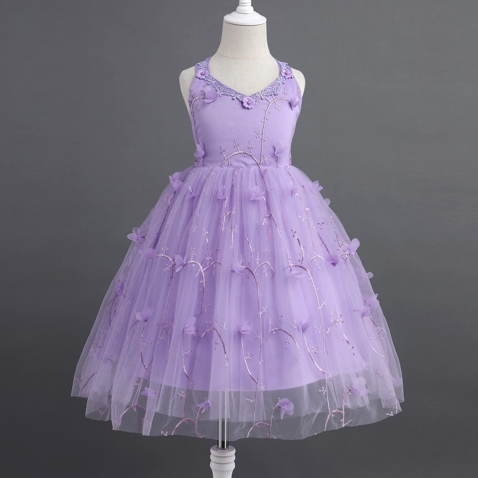 Flower Girl Butterfly Dress for Kids Baby Princess Birthday Wedding Bridesmaid Pageant Formal Party Maxi Dress Toddler Summer Communion Photoshoot Backless Lace Bow Tulle Dresses Purple 6-7 Years