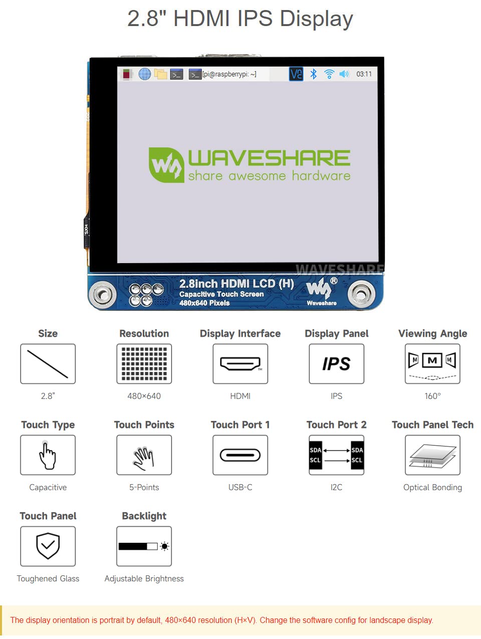 Waveshare 2.8inch HDMI IPS LCD Display, Compatible with Raspberry Pi 5/4B/3B/Zero/Zero W/Zero 2W/Pico/Pico W/Pico WH, 480×640 Resolution Supports Jerson Nano/Windows