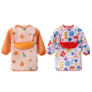 jarafom 2 pcs long sleeved silicone bib coverall toddler waterproof bibs smock apron set food catcher pocket 6-72 months (flower + strawberry)