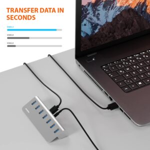 Achoro 7 Ports Powered USB HUB – 2nd Generation 10GB Super Speed External USB Port – USB 3.2 Aluminium USB Hub for Computer, Mac, PCs, Smartphone & Tablets – Computer Multiple USB Hub (POWERED SILVER)