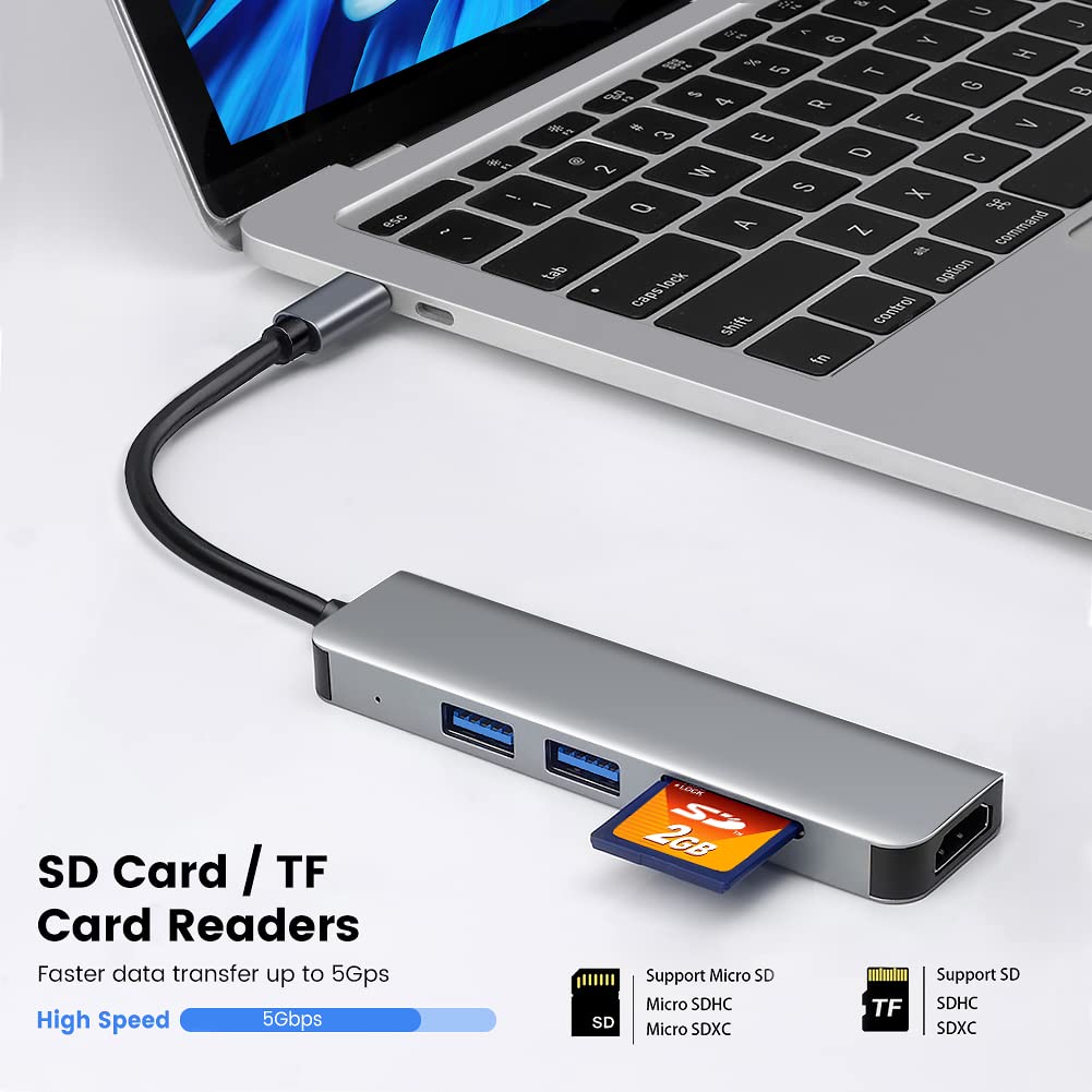 USB C Hub with 4K HDMI Output, Leizhan 5 in 1 USB 3.0 Adapter Type C Hub to HDMI USB C Dongle Adapter SD TF Card Reader, USB 3.0&2.0 OTG Adapter Compatible for MacBook Air HP XPS