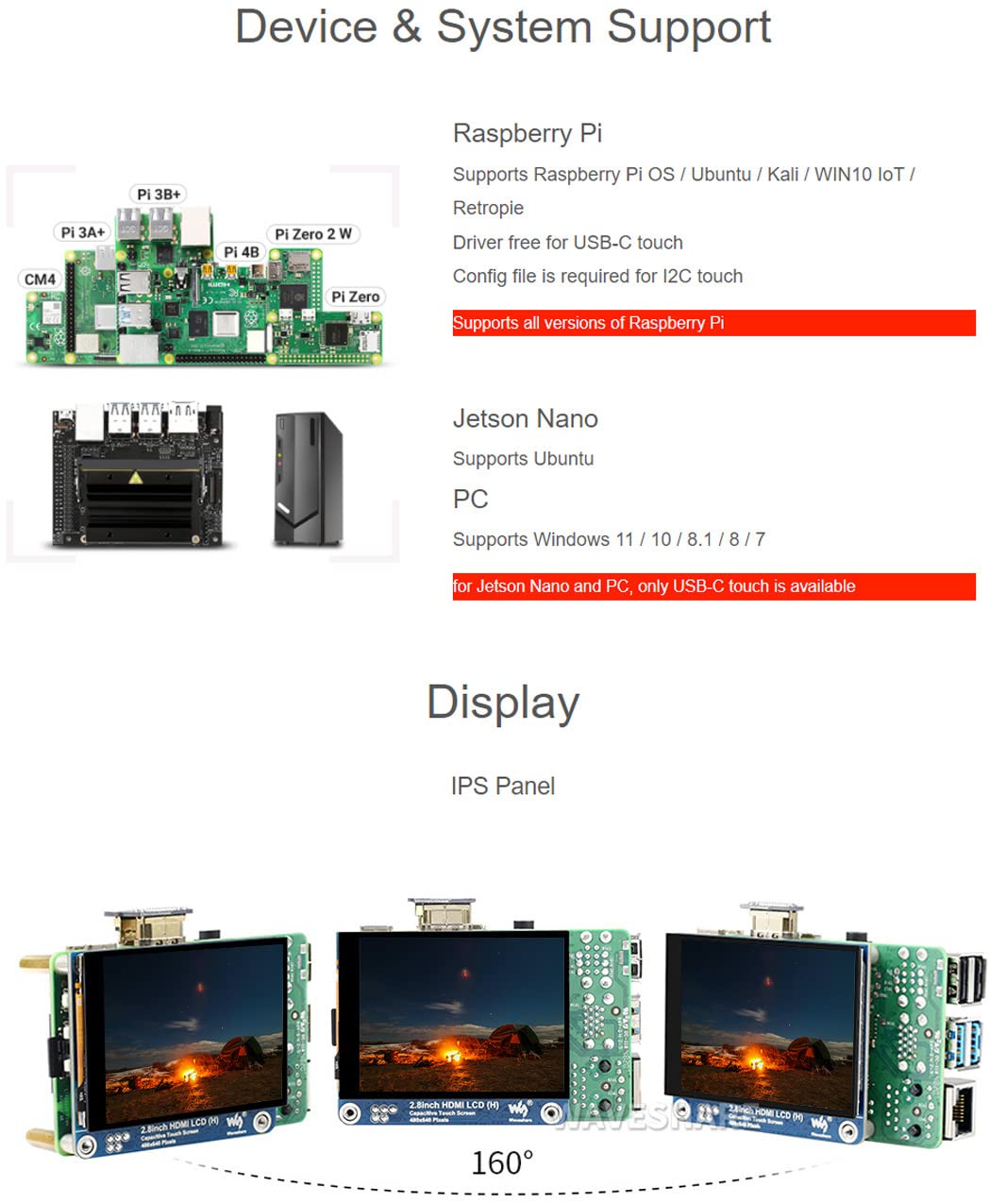 Waveshare 2.8inch HDMI IPS LCD Display, Compatible with Raspberry Pi 5/4B/3B/Zero/Zero W/Zero 2W/Pico/Pico W/Pico WH, 480×640 Resolution Supports Jerson Nano/Windows