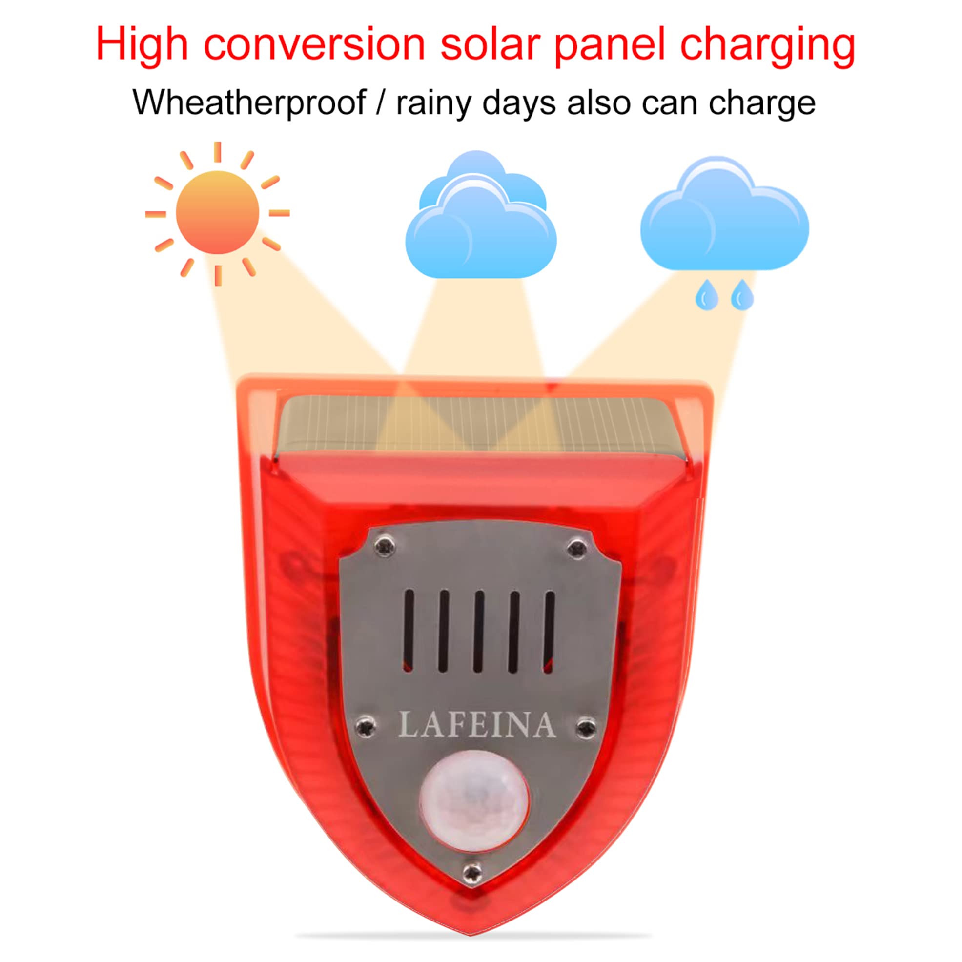 LAFEINA Solar Motion Sensor Light & Sound Alarm, 129dB Gunshot & Dog Barking Sound & Strobe Light Security Alarm Siren for Garden Farm Villa