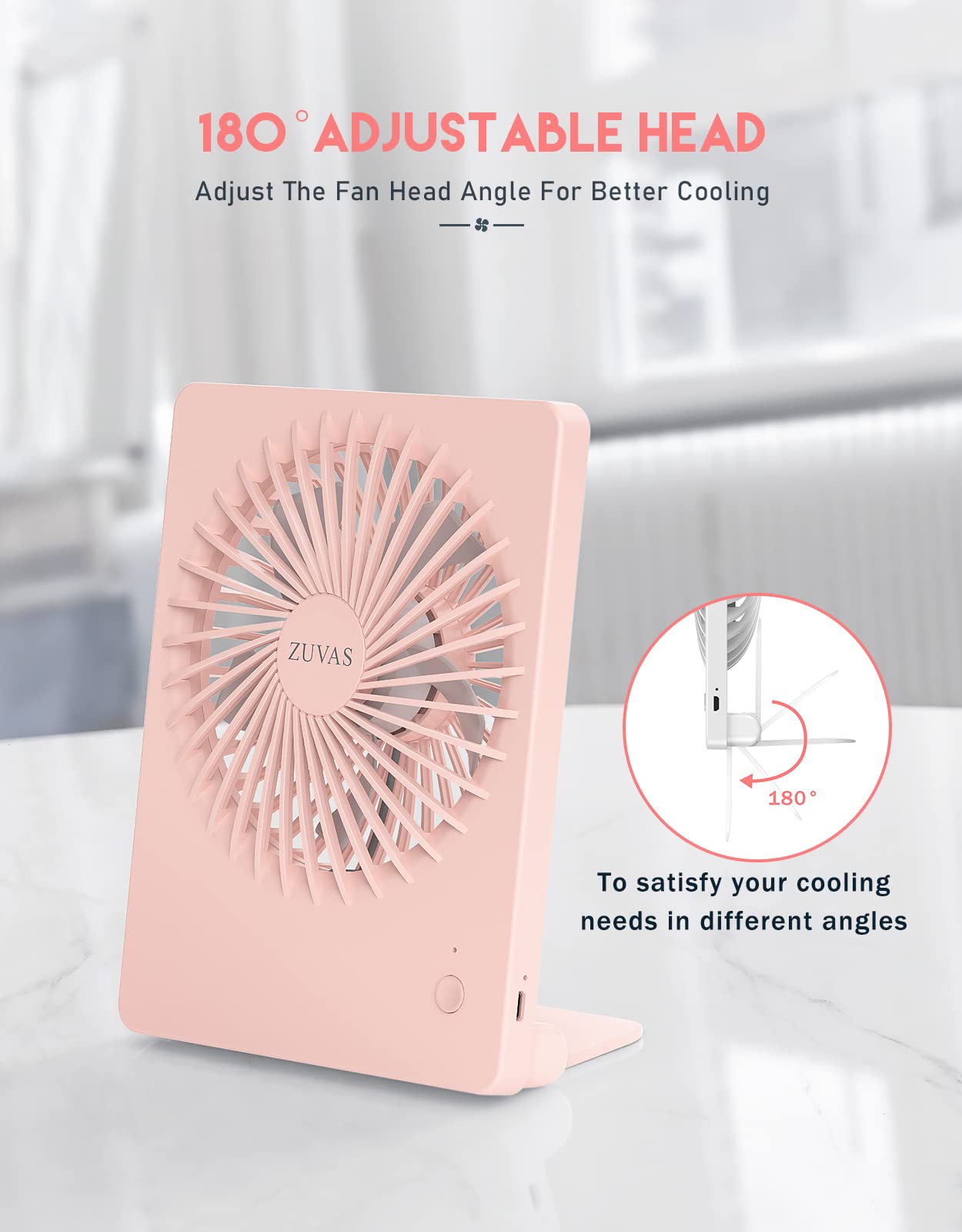 Zuvas Desk Fan Battery Operated Fan Rechargeable 180°Tilt Folding Personal Fan Ultra Quiet Small Portable Fan 3 Speed Adjustable Strong Wind USB Fan For Office Bedroom Home Desktop Camping