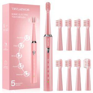 trvlaewor sonic electric toothbrush for kids and adults, ultrasonic motor, 8 brush heads, 5 modes, 3 hours fast charge for 60 days, smart timer, electric toothbrushes, pink