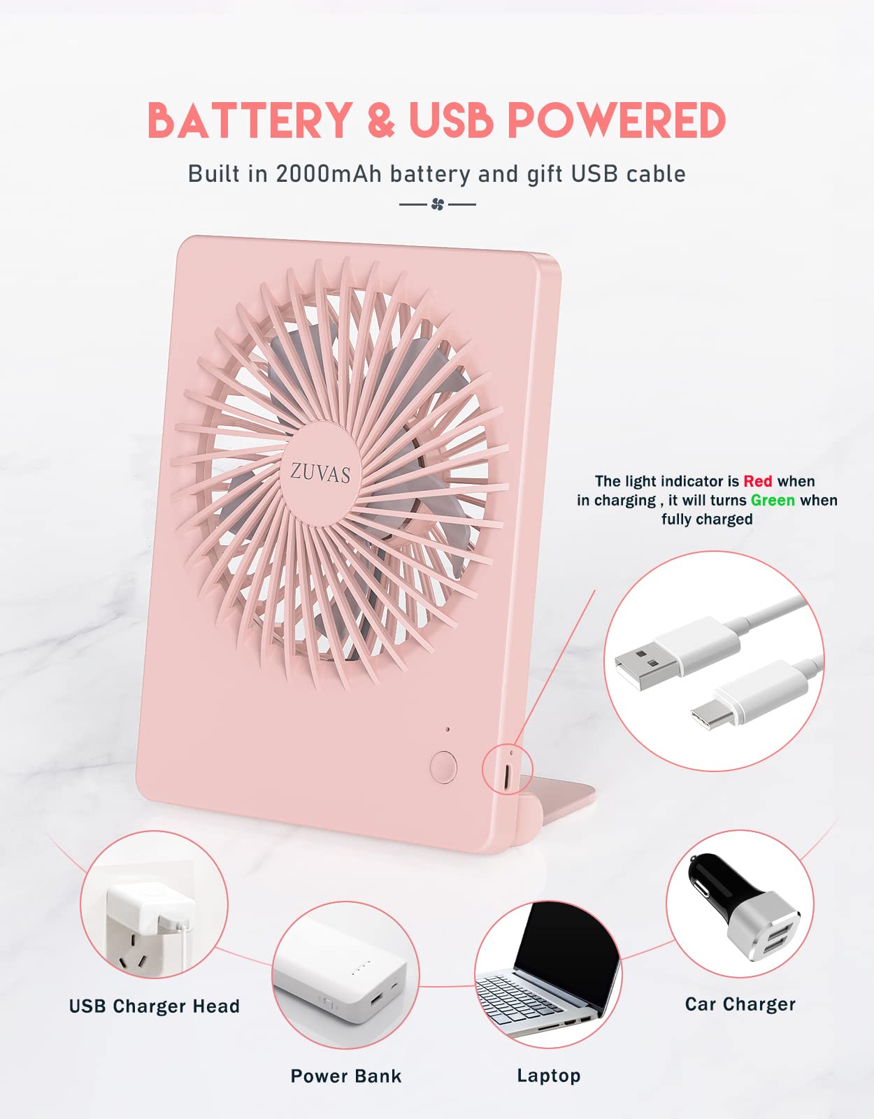 Zuvas Desk Fan Battery Operated Fan Rechargeable 180°Tilt Folding Personal Fan Ultra Quiet Small Portable Fan 3 Speed Adjustable Strong Wind USB Fan For Office Bedroom Home Desktop Camping