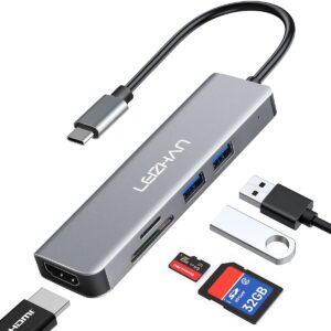 usb c hub with 4k hdmi output, leizhan 5 in 1 usb 3.0 adapter type c hub to hdmi usb c dongle adapter sd tf card reader, usb 3.0&2.0 otg adapter compatible for macbook air hp xps