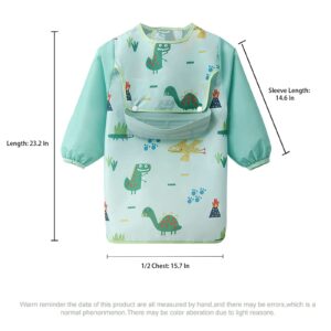 Jarafom 2 Pcs Long Sleeved Silicone Bib coverall Toddler Waterproof bibs Smock Apron Set Food Catcher Pocket 6-72 Months (Cactus + dinosaur)