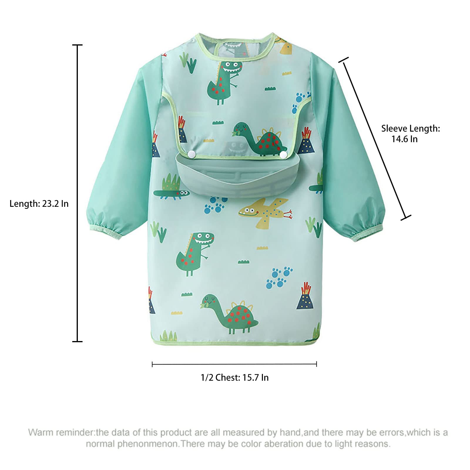 Jarafom 2 Pcs Long Sleeved Silicone Bib coverall Toddler Waterproof bibs Smock Apron Set Food Catcher Pocket 6-72 Months (Cactus + dinosaur)