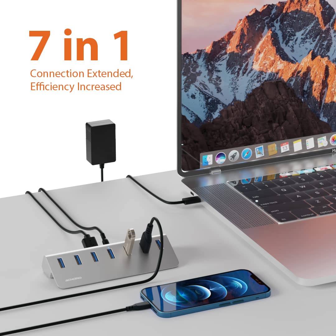 Achoro 7 Ports Powered USB HUB – 2nd Generation 10GB Super Speed External USB Port – USB 3.2 Aluminium USB Hub for Computer, Mac, PCs, Smartphone & Tablets – Computer Multiple USB Hub (Powered Black)