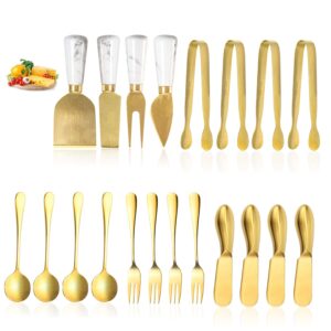 warmape 20 pcs gold cheese spreader knives set, butter knife spreaders for cheese board accessories, mini cheese knife slicer with serving tongs spoons and fruit forks charcuterie utensils - gold